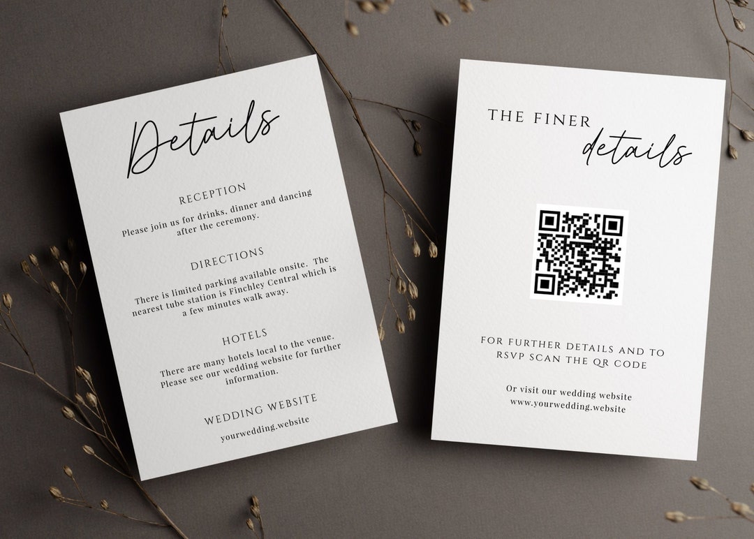 Wedding Information Card Template, Diy Details Card Insert, QR Code Card, Simple Wedding All the ...