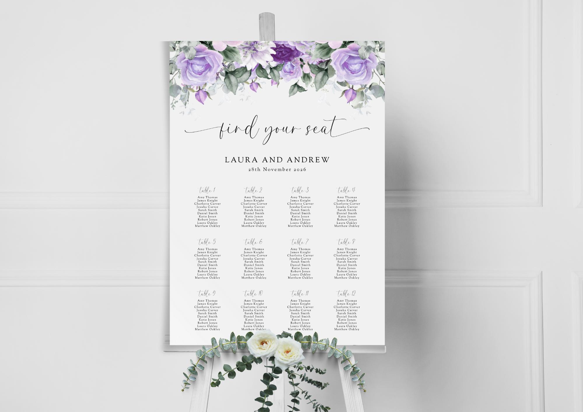 Purple Table Plan Template, Wedding Editable Seating Chart Sign, Lilac ...