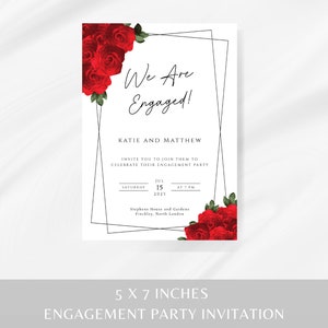 Red Engagement Party Invitation Template With Roses, Red Floral Black ...