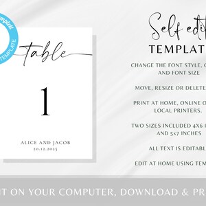 Wedding Table Numbers Printable Template, Editable Black & White Table ...