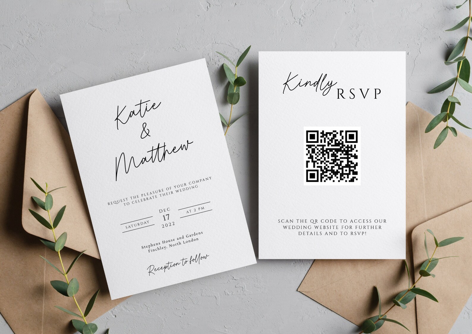 Simple Wedding Invitation Template, Upload Your QR Code, Double Sided ...