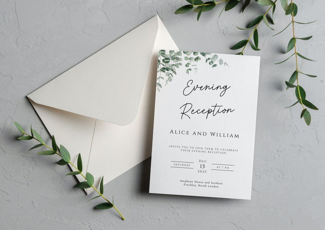 Eucalyptus Evening Reception Invitation Template, Green Wedding ...