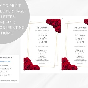 Red Wedding Program Template, Red Rose and Gold Border Printable ...