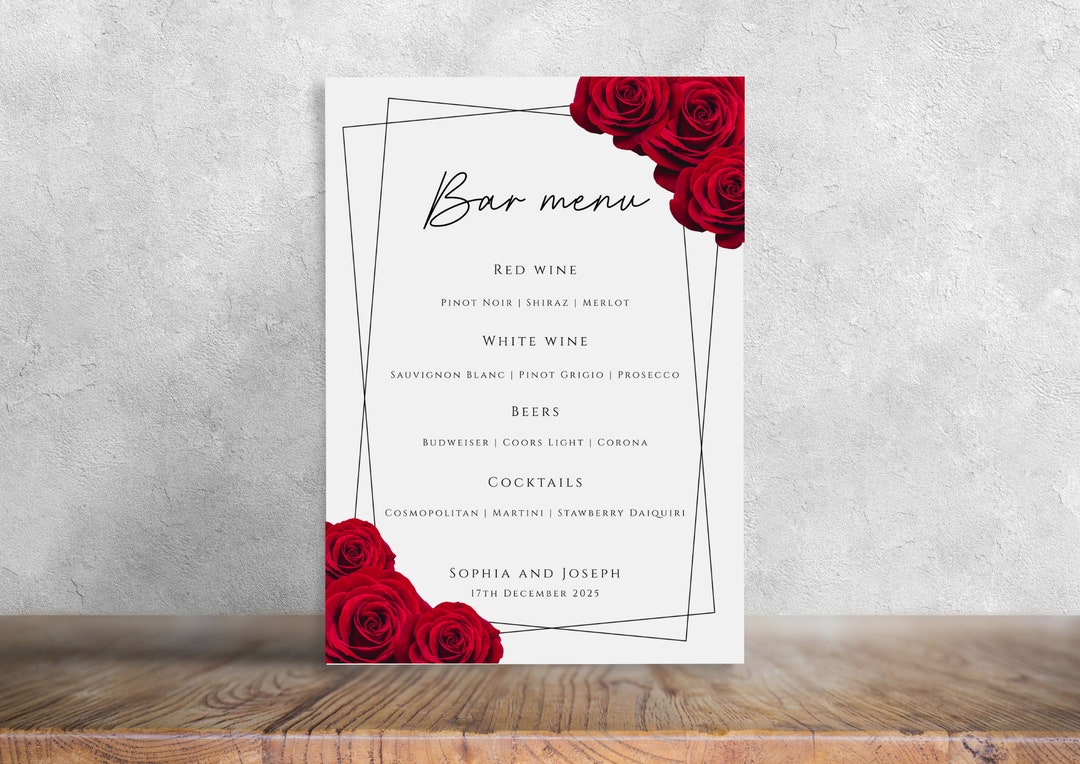 Red Wedding Bar Menu Template, Red Rose Drinks Menu Sign, Printable Red ...