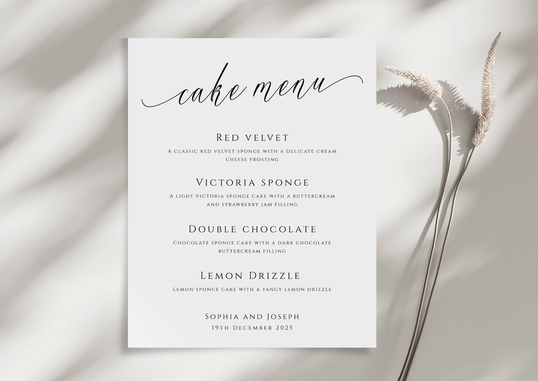 Modern Cake Menu Sign Template, Printable Wedding Cake Flavour Sign ...