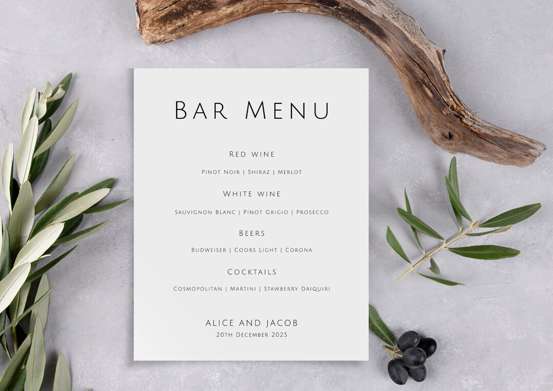 Editable Bar Menu Template, Printable Wedding Drinks Menu Diy Sign ...