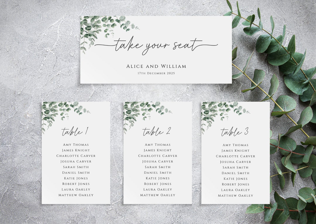 Wedding Seating Chart Cards Template, Eucalyptus Table Plan Cards, 4x6 ...