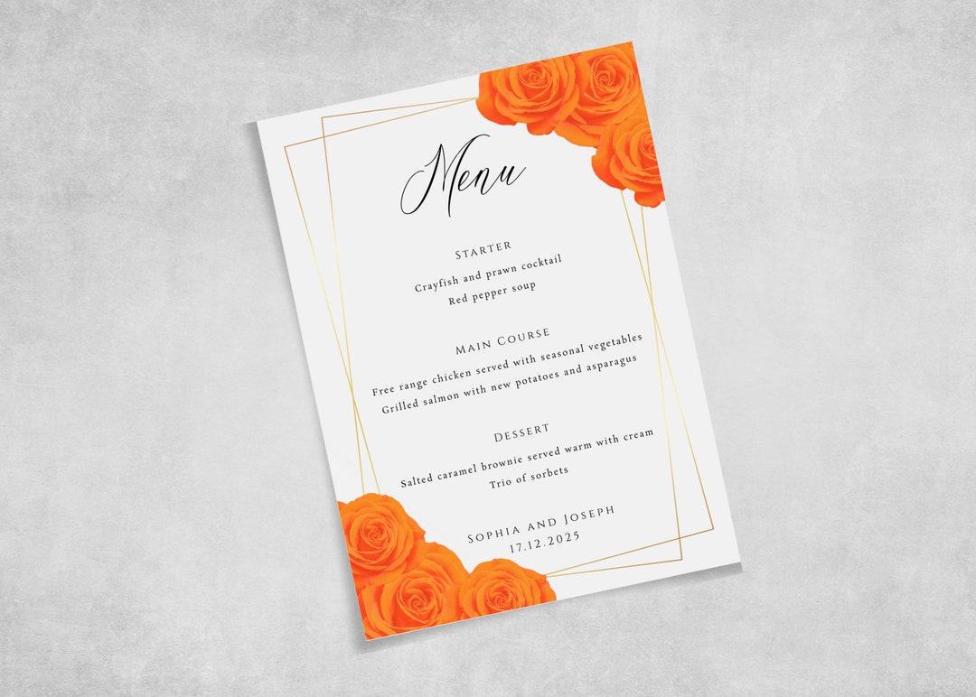 Orange and Gold Menu Template, Orange Rose Tall Wedding Menu Sign, 5x7 ...