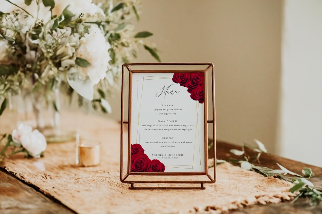 Red & Gold Menu Template, Printable Rose and Gold Border Wedding Menu ...