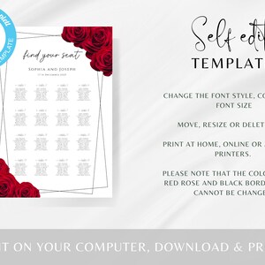 Red Rose Wedding Seating Chart Template, Wedding Table Plan Editable ...