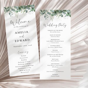 Greenery Wedding Program Template, Printable and Editable Ceremony, Eucalyptus Tall Double Sided ...