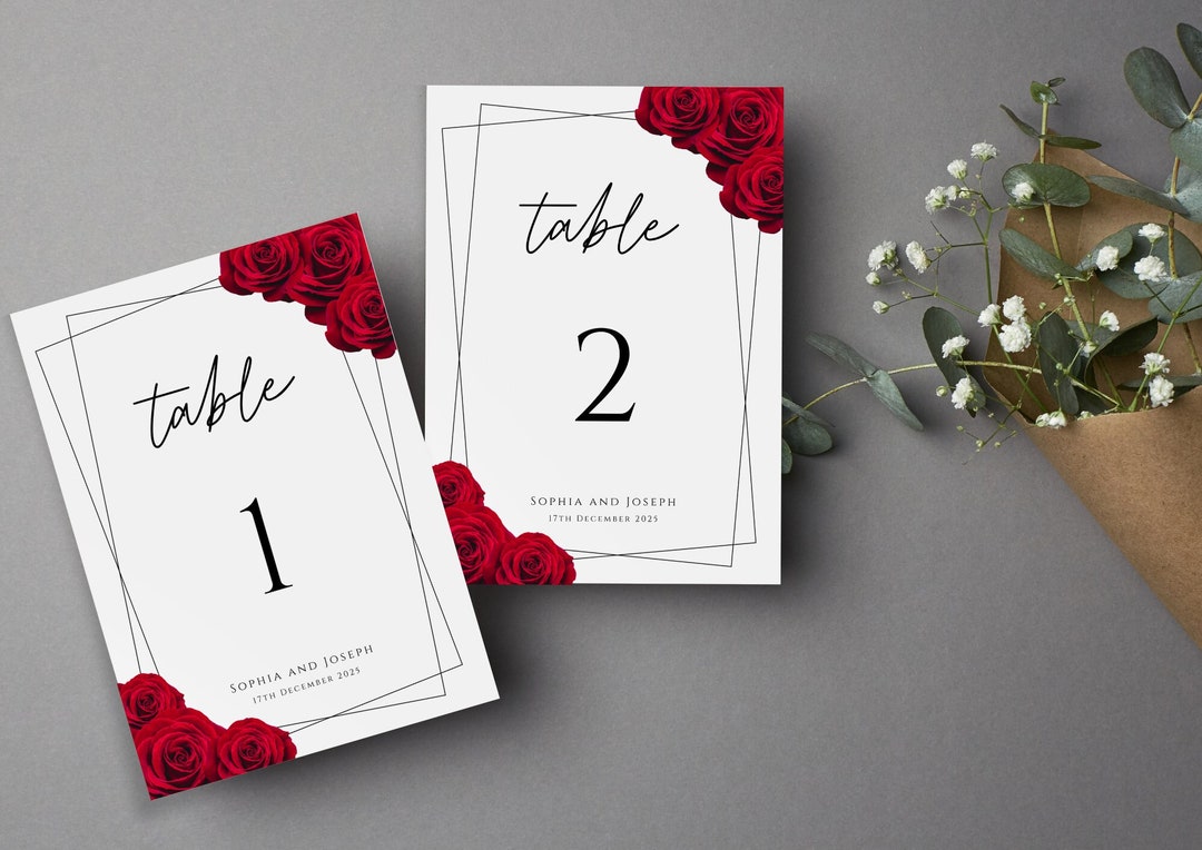 Red Rose Table Number Template, Wedding Table Number Printable Signs ...