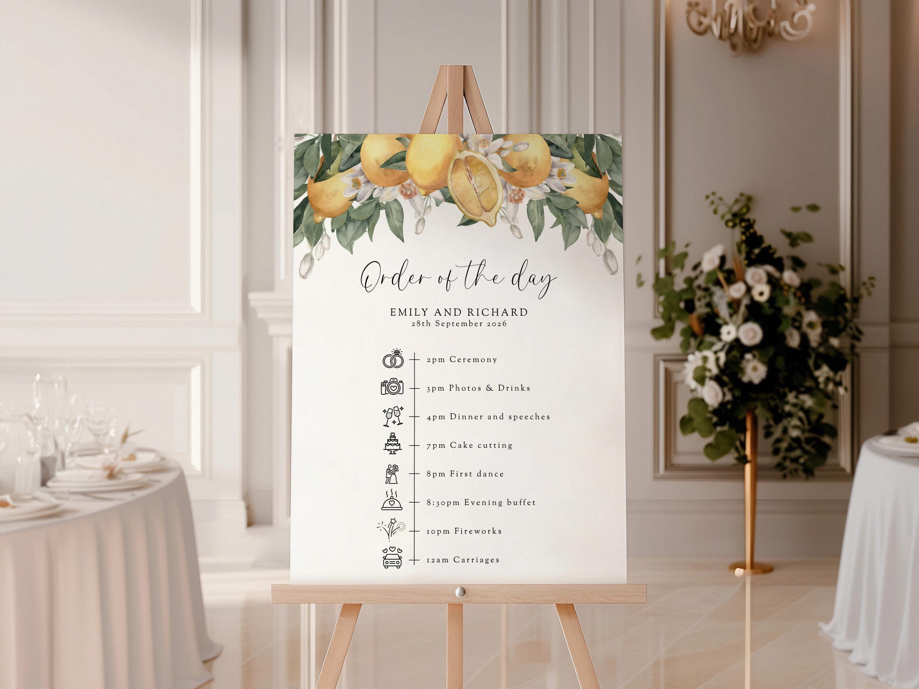 Lemon Wedding Timeline Sign Template & Icons, Printable Order of Events ...