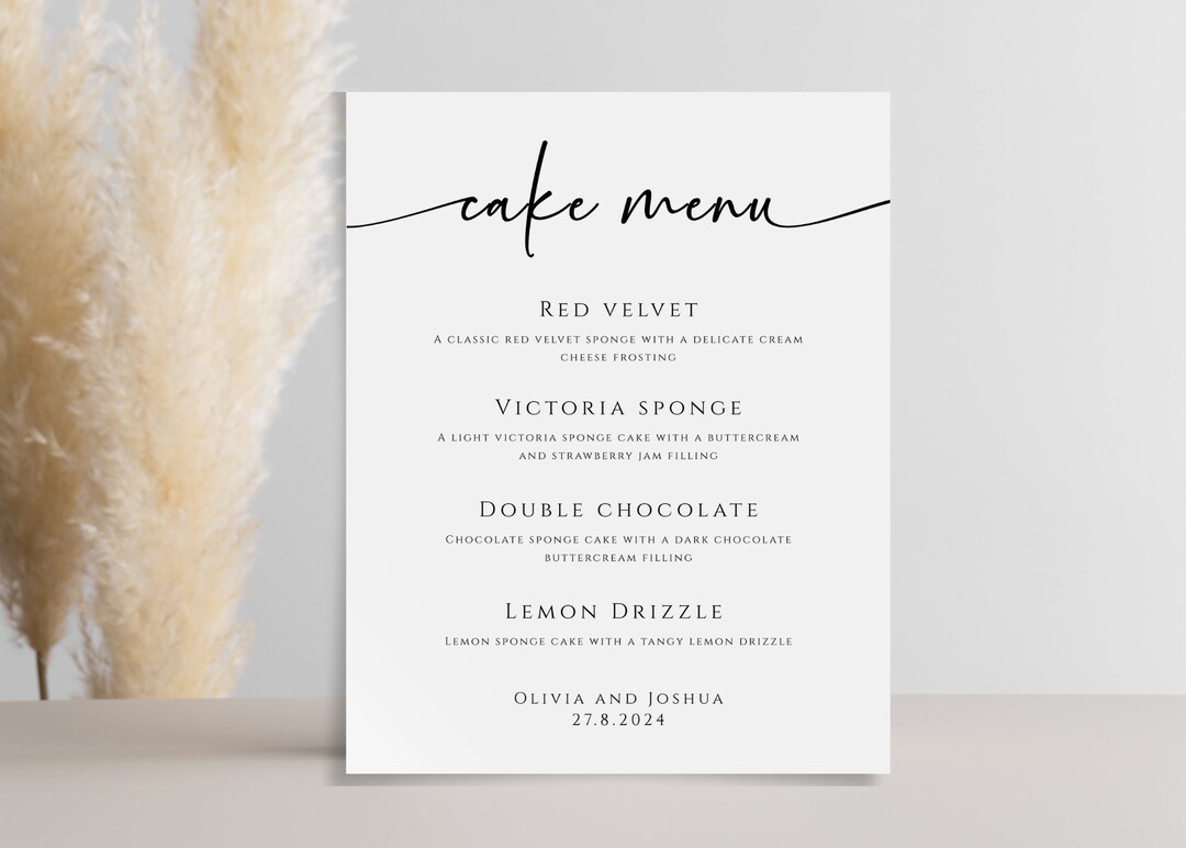 Wedding Cake Menu Sign Template, Modern Cake Flavour Printable Sign ...