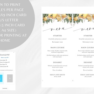 Modèle de menu de mariage citron, menu du dîner modifiable grand citron ...
