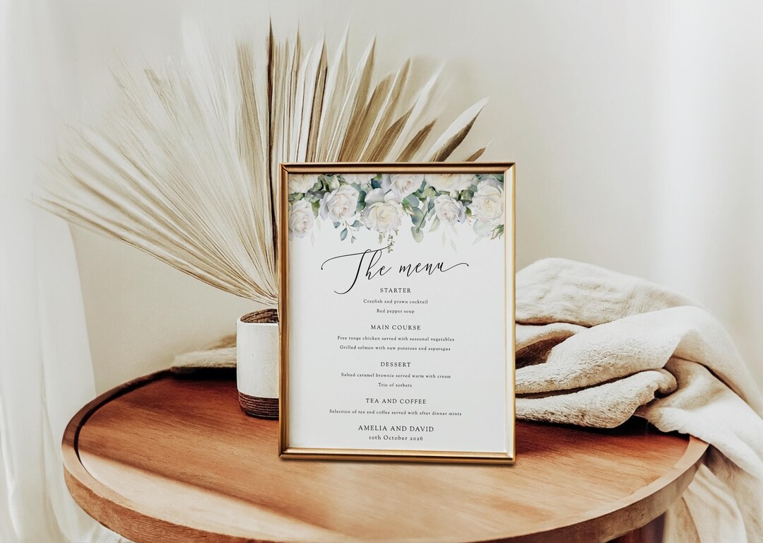 White Rose Menu Printable Template, Editable Wedding Breakfast, Rose ...