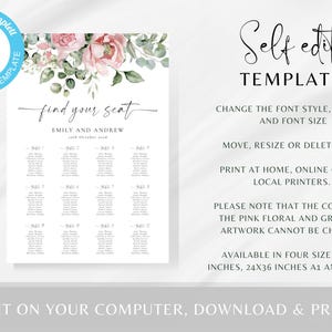 Pink Wedding Table Plan Template, Editable Seating Chart, Peony Floral ...