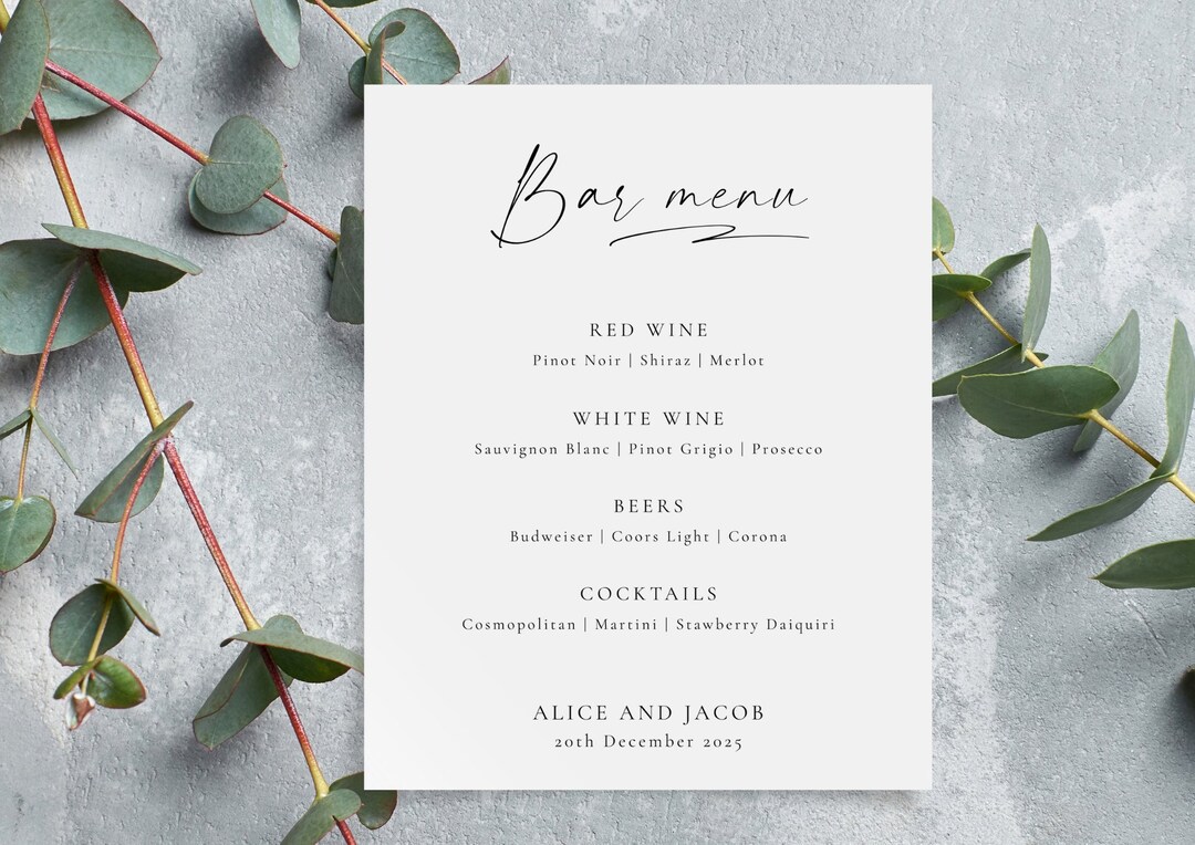 Bar Menu Printable Template, Modern Script Wedding Drinks Menu Sign ...