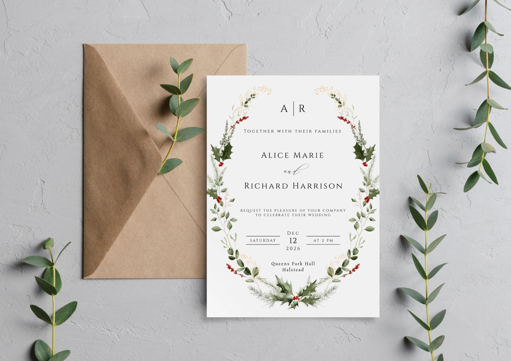 Winter Wedding Invitation Template, Printable Monogram Christmas ...