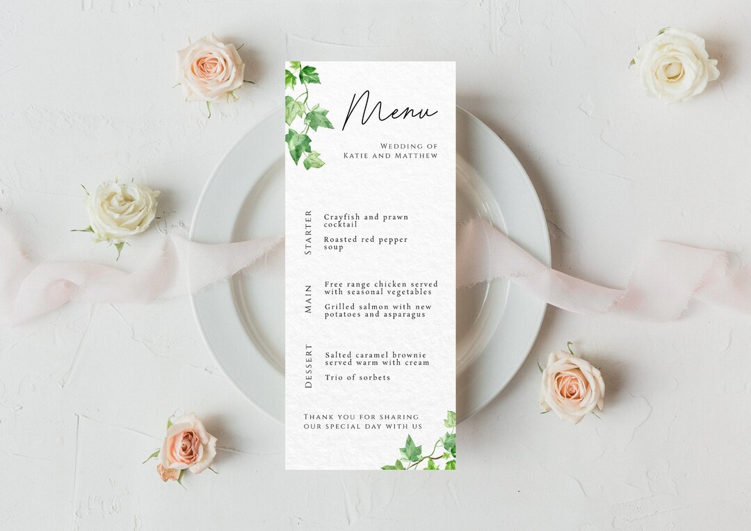 Ivy Wedding Menu Template, Greenery Wedding Printable, Wedding Menu ...