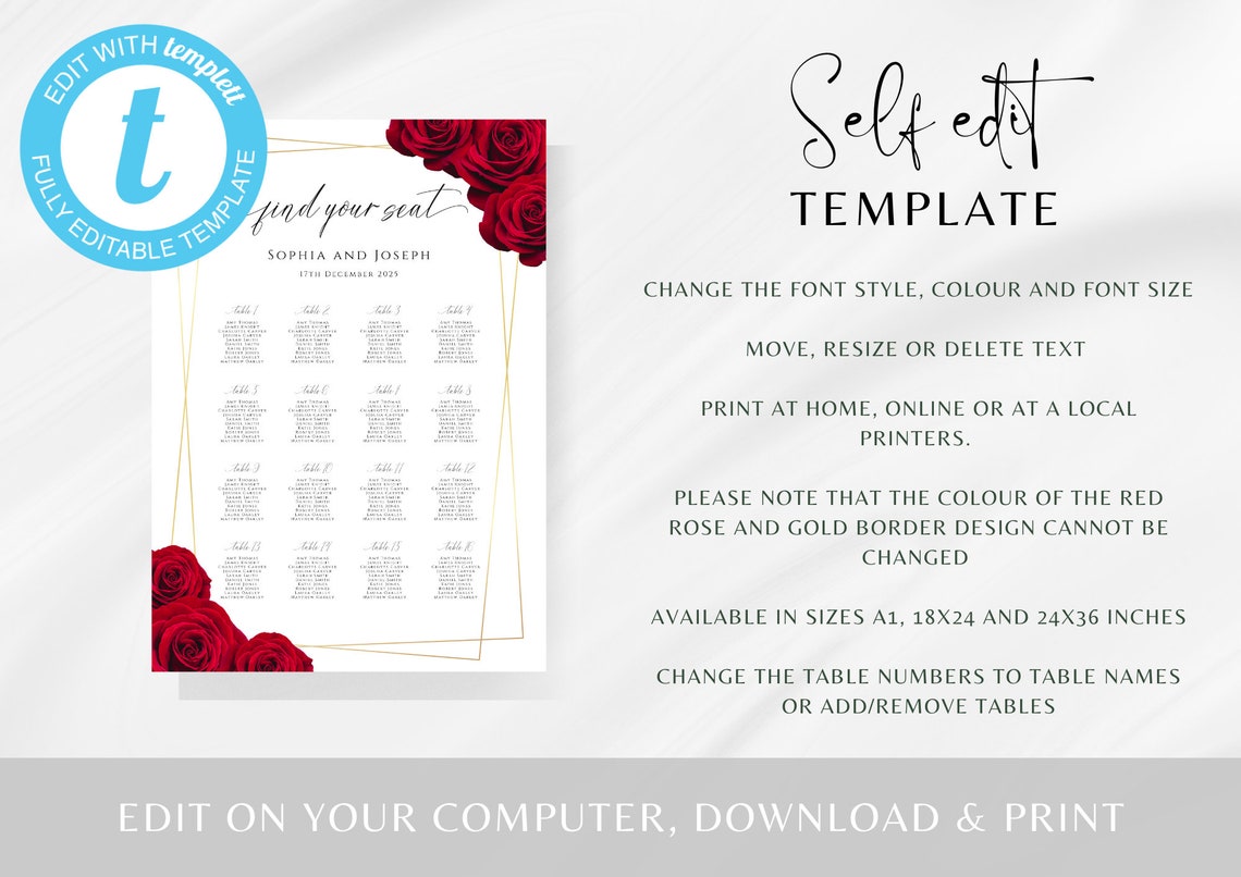 Red and Gold Wedding Seating Chart Template, Editable Table Plan, Large ...