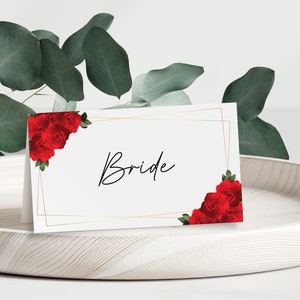 Red and Gold Place Card Template, Wedding Red Roses & Gold Border Name ...