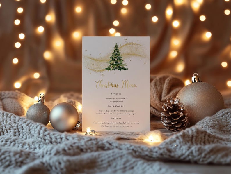 Christmas Tree Menu Template, Printable Green & Gold Festive Dinner ...