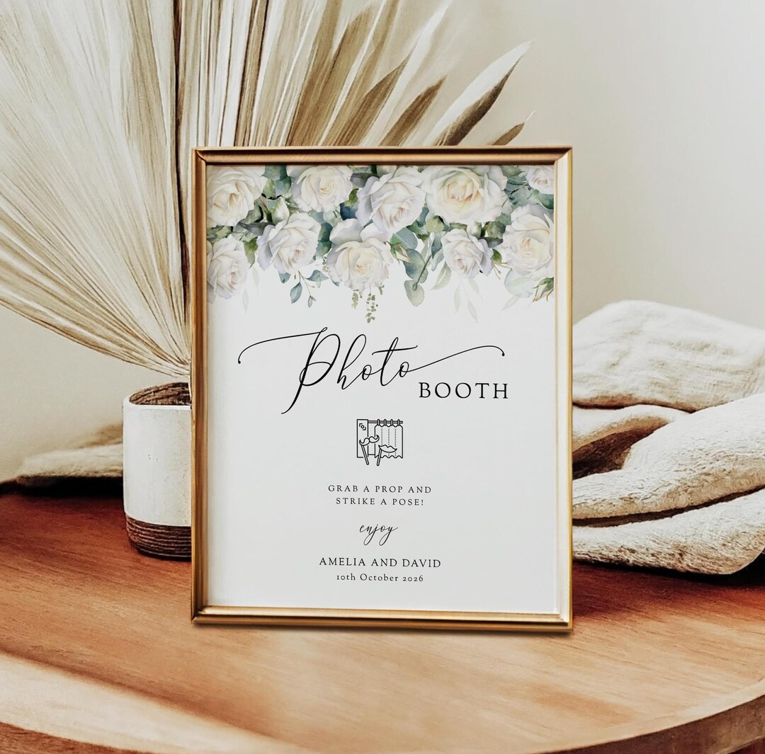 White Wedding Photo Booth Sign Template, Editable Floral Rose Printable ...