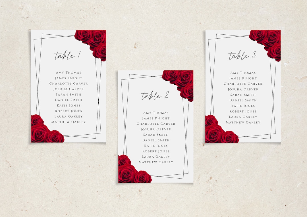 Red Rose Wedding Seating Cards Template, Printable Red and Black Table ...