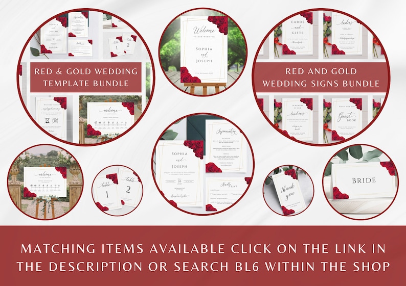Wedding Program Template, Red Rose Wedding Ceremony Program, Gold Frame ...