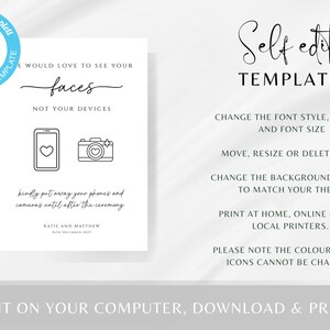 Wedding No Devices Sign Template, Unplugged Ceremony Sign, No Phones or ...
