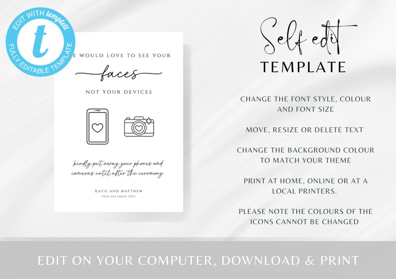 Wedding No Devices Sign Template, Unplugged Ceremony Sign, No Phones or ...