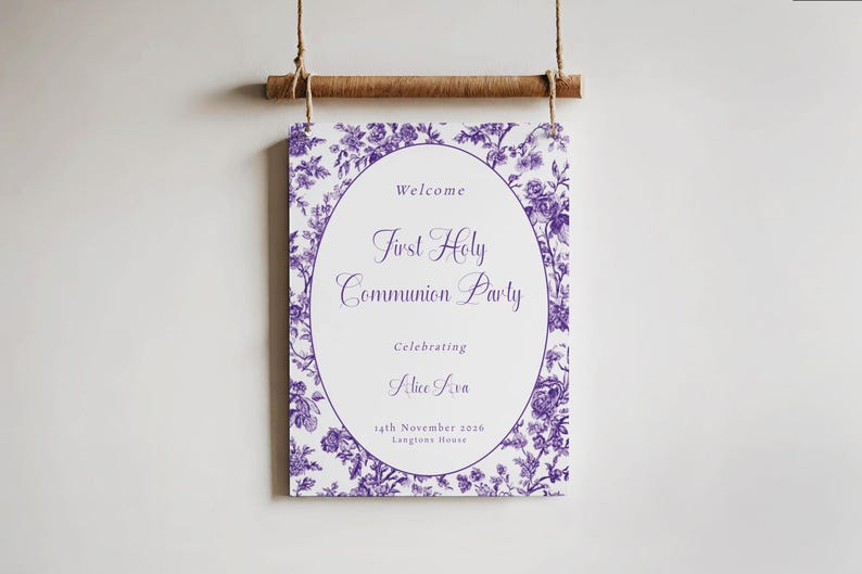Purple Toile First Holy Communion Party Welcome Sign Template ...