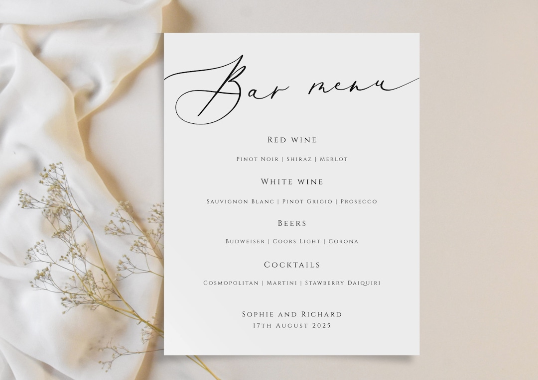 Wedding Bar Menu Template, Printable Drinks Menu Sign, Elegant Script ...