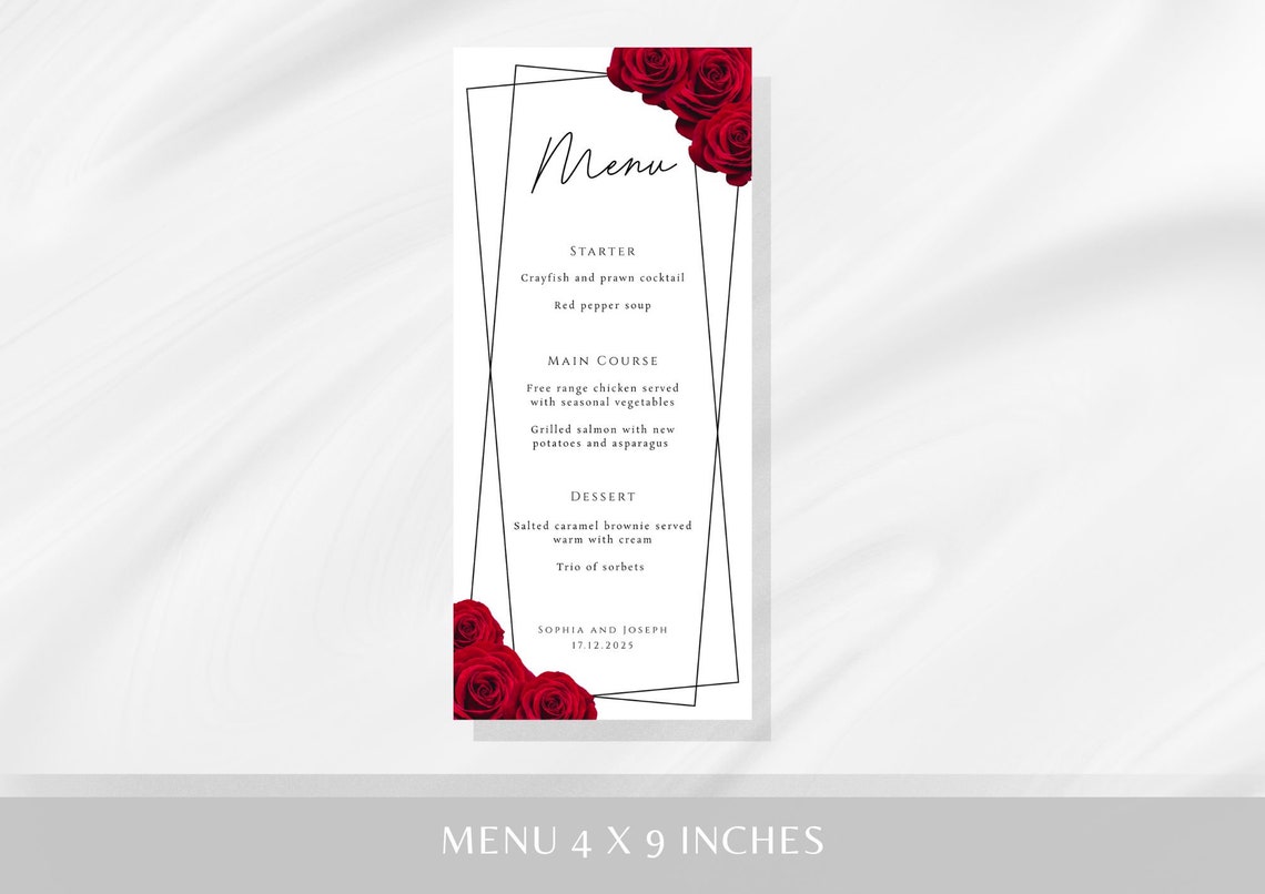 Red Wedding Menu Template, Red Rose Tall Wedding Menu Sign, Black ...
