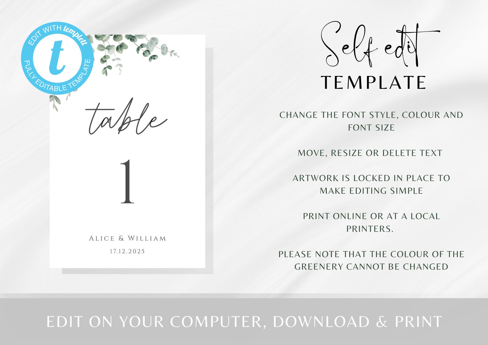 Wedding Table Number Template, Eucalyptus Table Number Signs, Diy ...