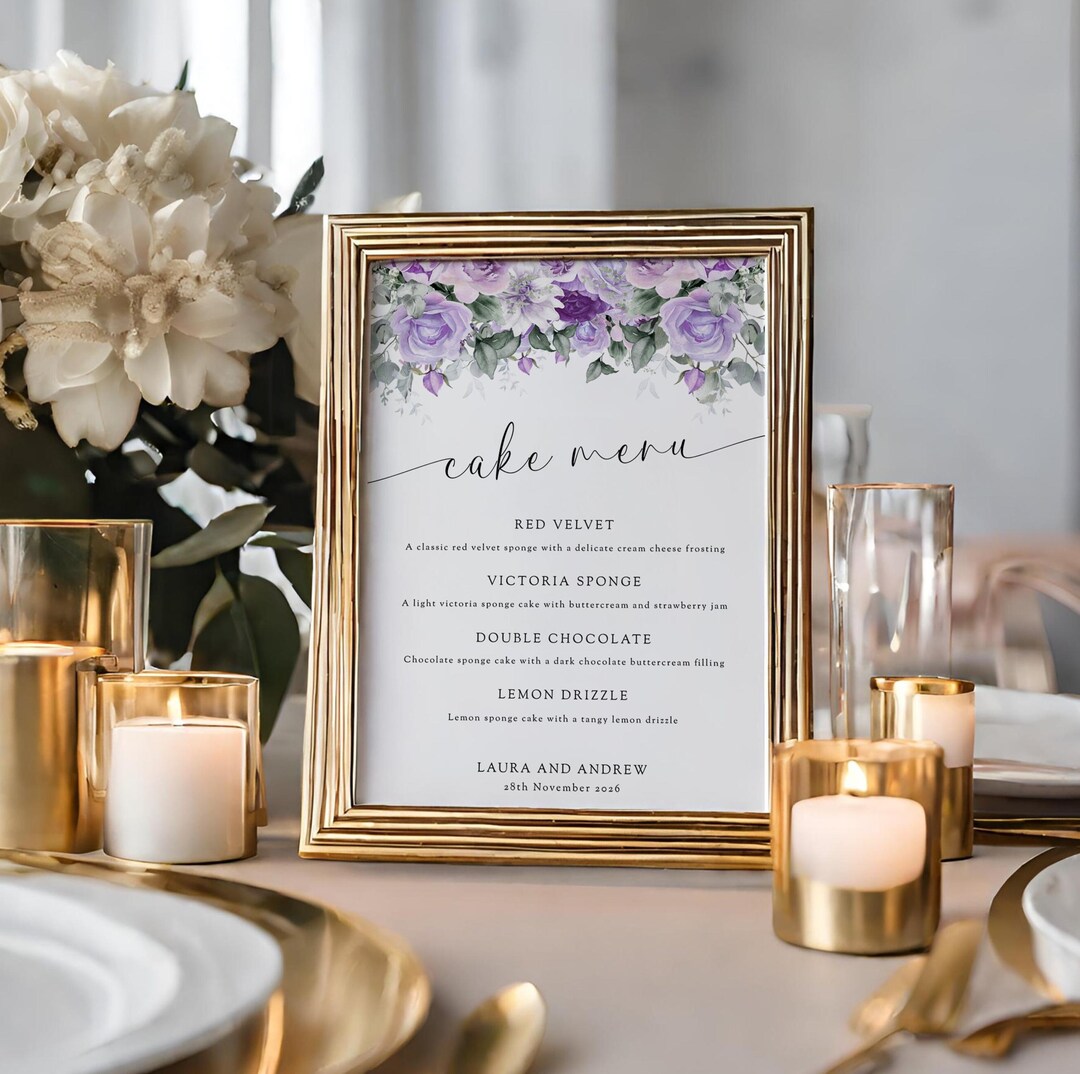 Purple Floral Wedding Cake Menu Sign Template: Lilac Eucalyptus ...