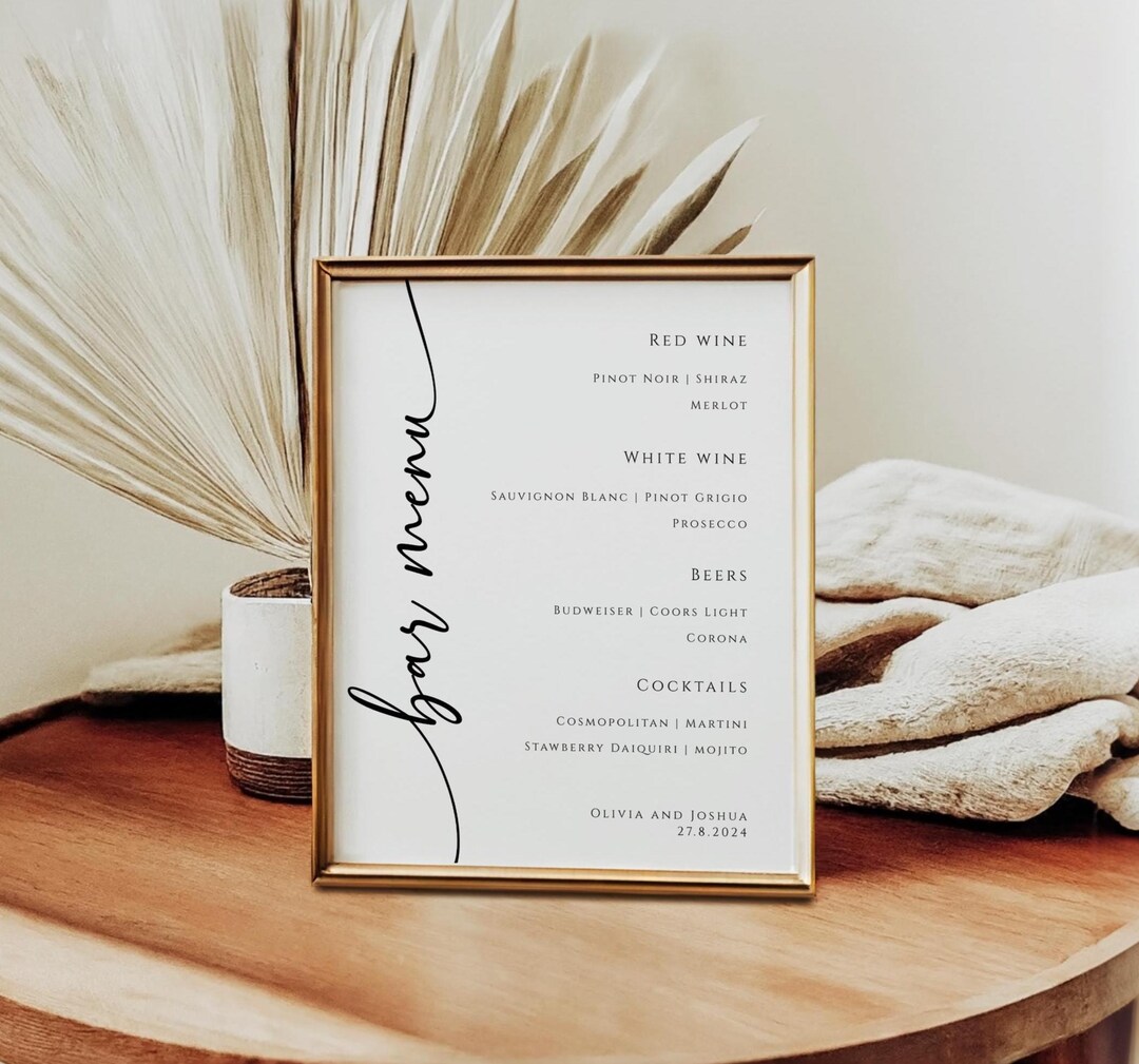 Wedding Bar Menu Template, Modern Drinks Menu Sign, Printable 8x10 ...