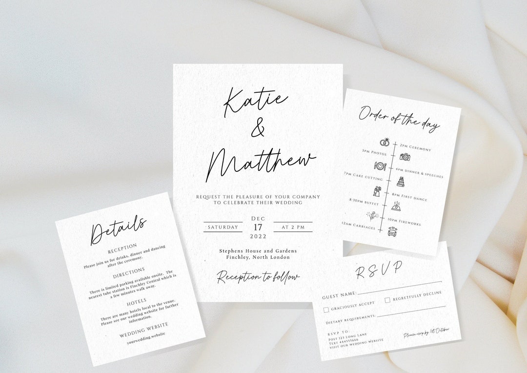 Simple Wedding Invitation Template Set With Order of the Day Card ...