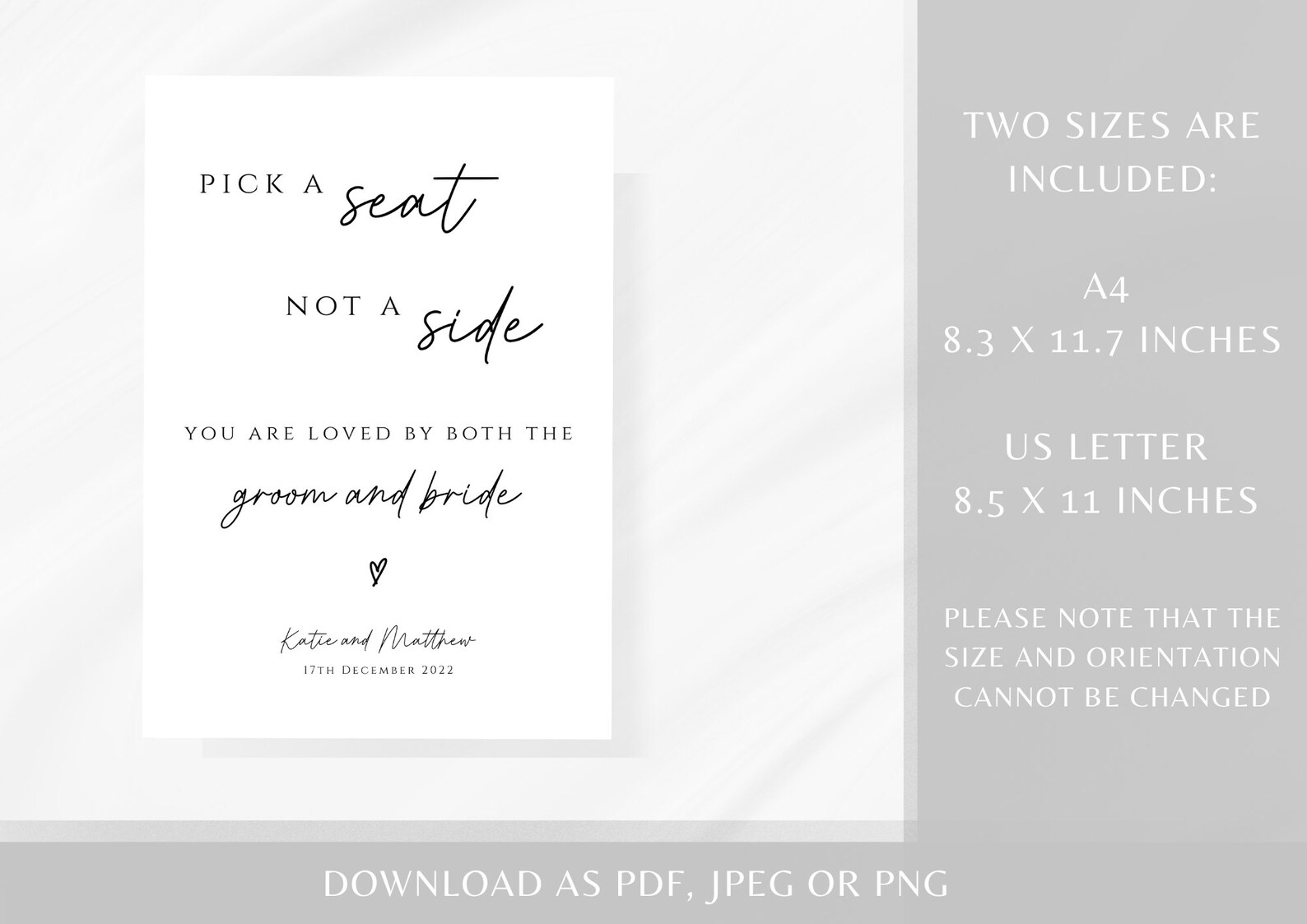 Pick a Seat Not a Side Wedding Sign Template Minimalist Diy - Etsy UK