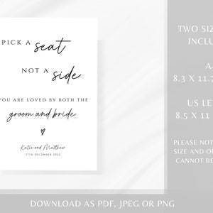 Pick a Seat Not a Side Wedding Sign Template, Minimalist Diy Wedding ...