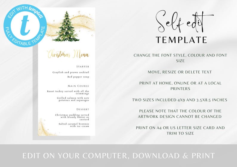Christmas Tree Menu Printable Template, Gold & Green Festive Holiday ...