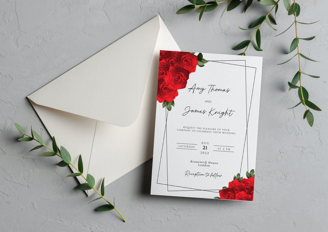 Red Wedding Invitation Template With Roses, Red Floral Black Frame ...