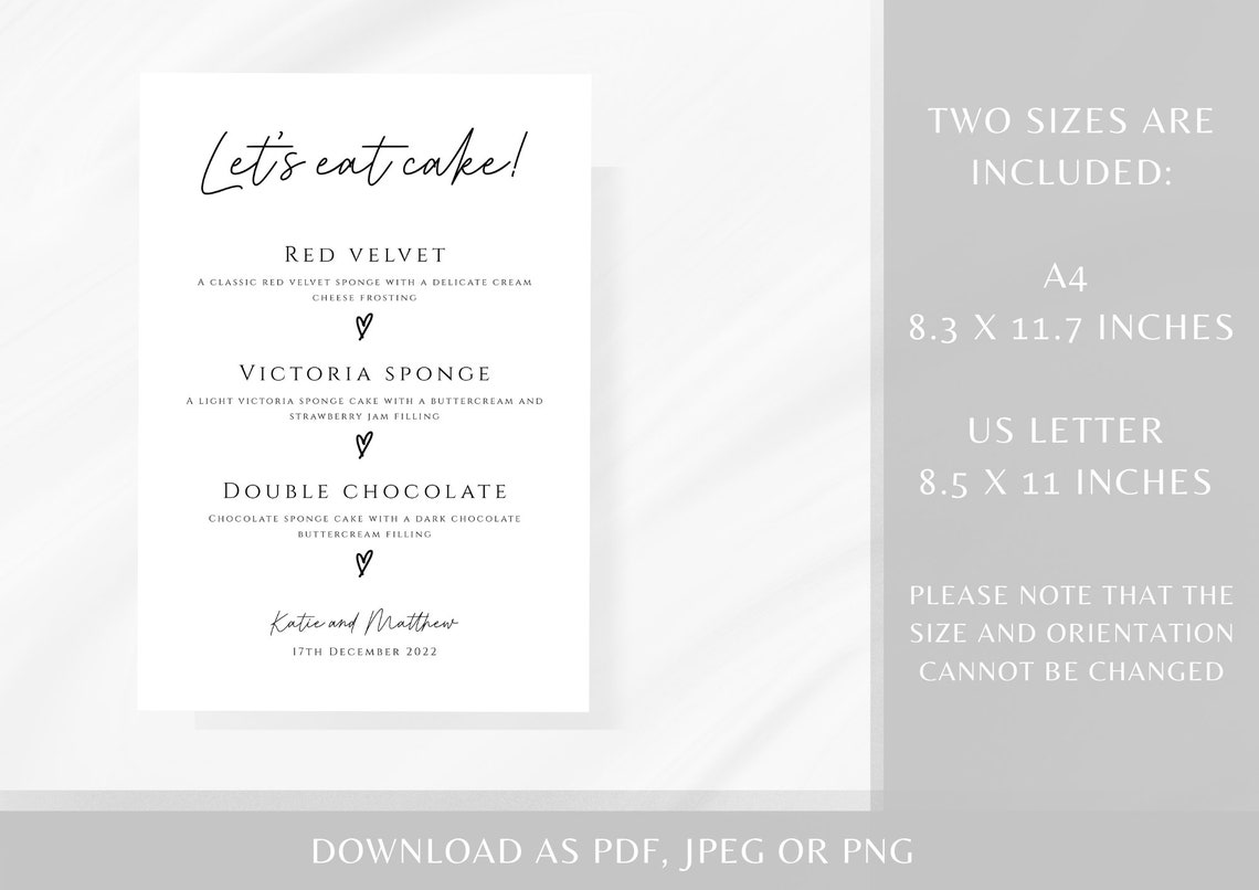 Cake Menu Sign Template Minimalist Wedding Let's Eat Cake - Etsy