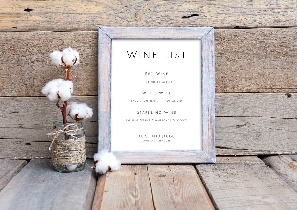 Wine List Printable Sign Template, Editable Wedding Wine Menu Sign ...