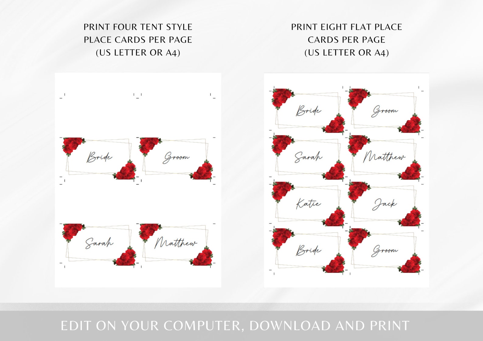 Red and Gold Place Card Template, Wedding Red Roses & Gold Border Name ...