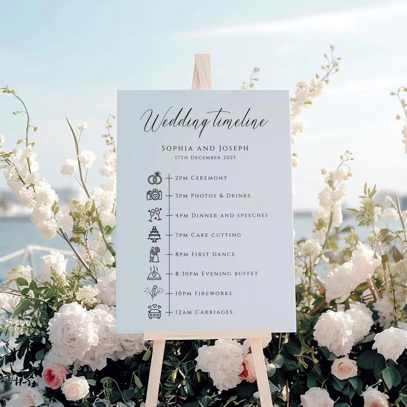 Modern Wedding Timeline Sign Template With Icons: Printable Black ...