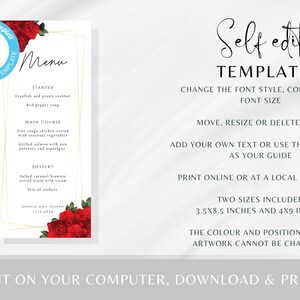 Red and Gold Menu Template, Rose Tall Wedding Menu, Editable and ...
