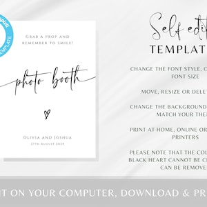 Photo Booth Sign Template, Modern Wedding Photo Booth Printable Card ...