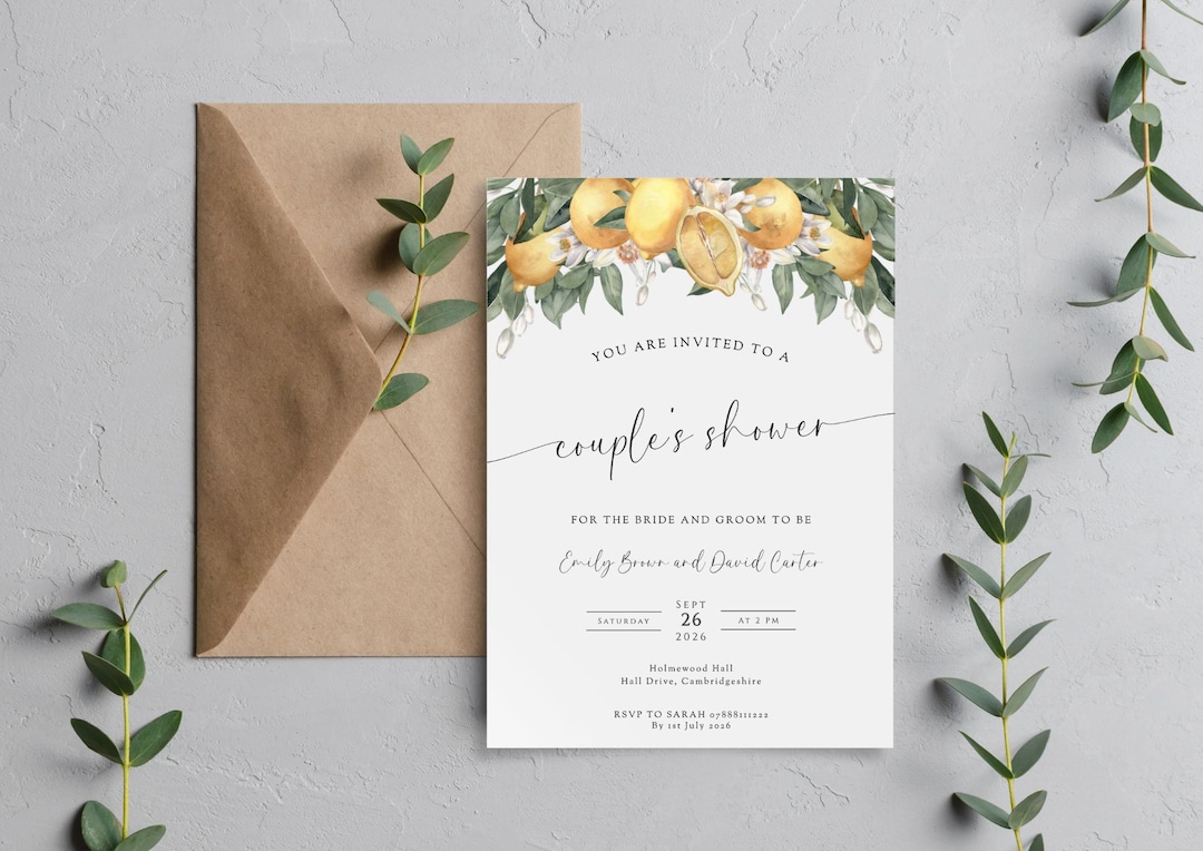 Lemon Couples Shower Invitation Template Printable, Rustic Greenery ...